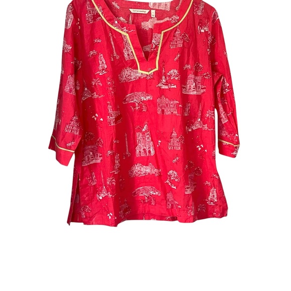 Tops | Red Tunic With White Print And Yellow Trim | Poshmark